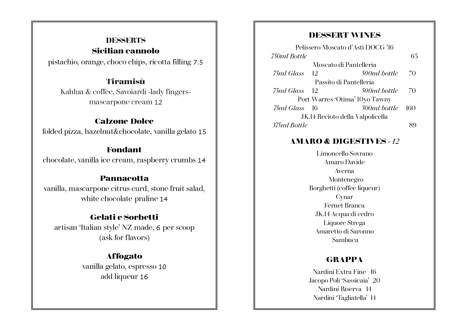 Dine in Menu | Farina Restaurant | Italian Cuisine Ponsonby Auckland