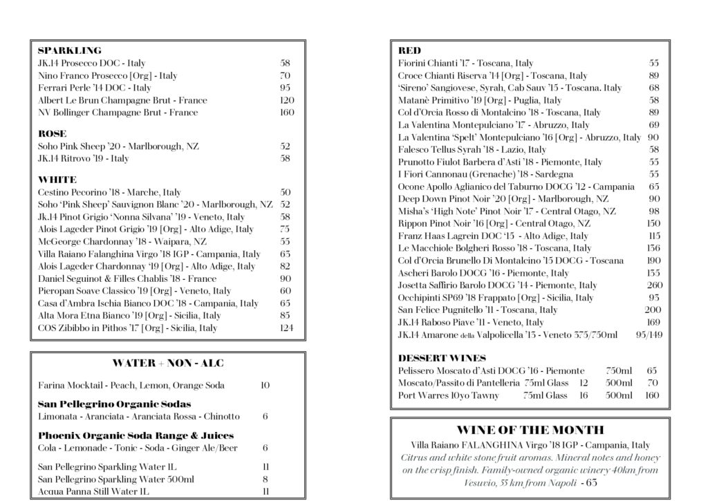 Dine in Menu | Farina Restaurant | Italian Cuisine Ponsonby Auckland