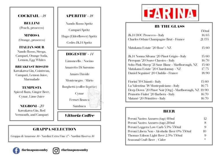 Dine in Menus | Farina Restaurant | Italian Cuisine Ponsonby Auckland