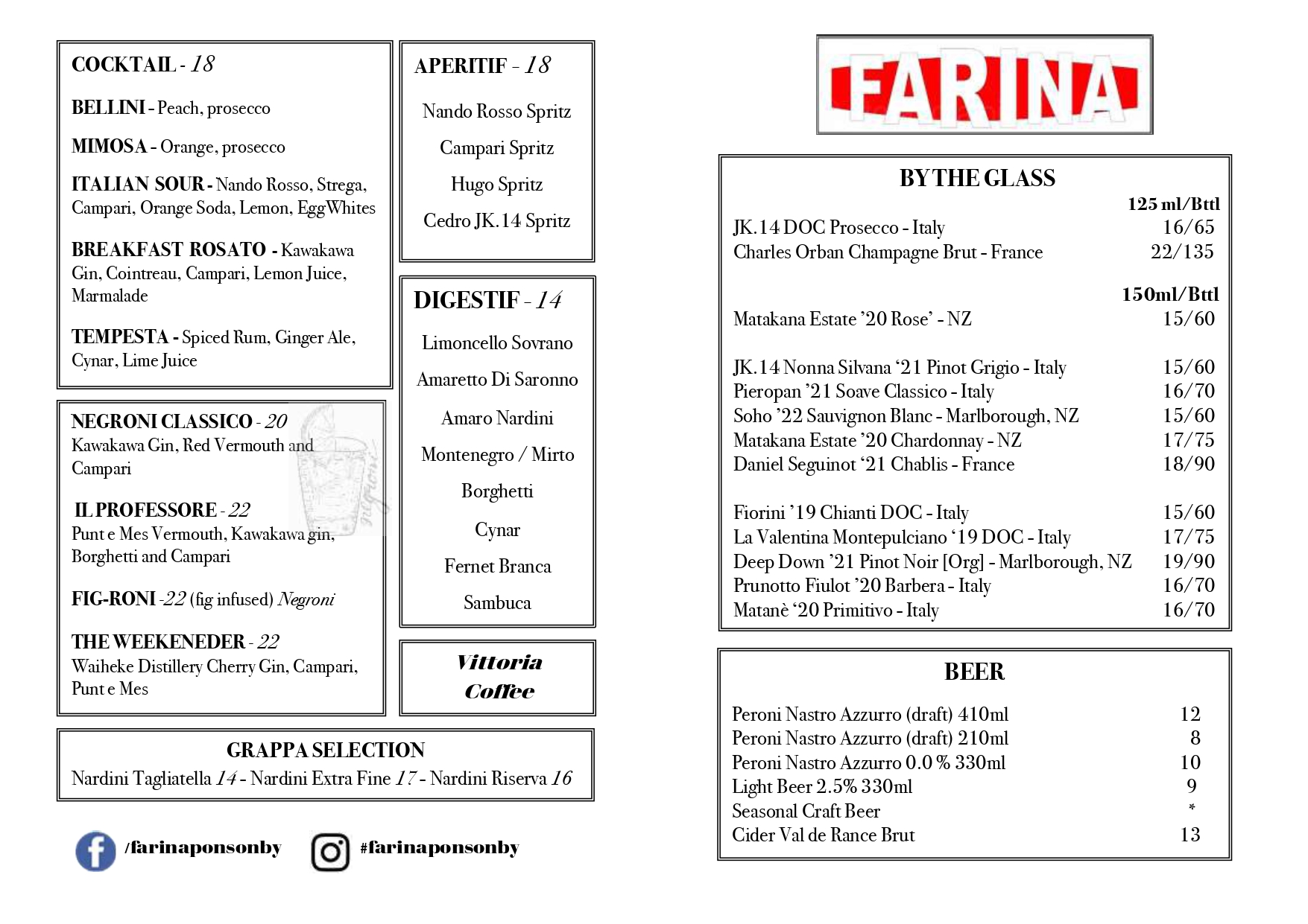 Dine in Menus | Farina Restaurant | Italian Cuisine Ponsonby Auckland