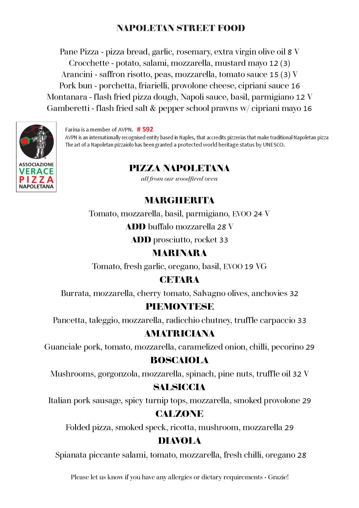 Dine in Menu | Farina Restaurant | Italian Cuisine Ponsonby Auckland