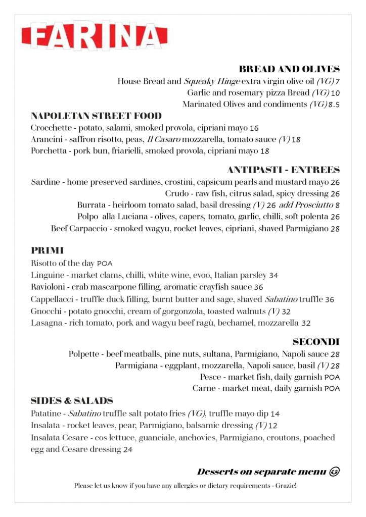 Dine in Menus | Farina Restaurant | Italian Cuisine Ponsonby Auckland