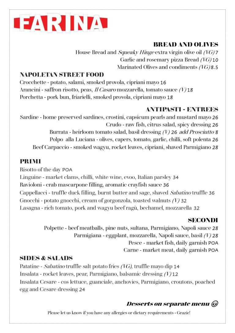 Dine in Menus | Farina Restaurant | Italian Cuisine Ponsonby Auckland
