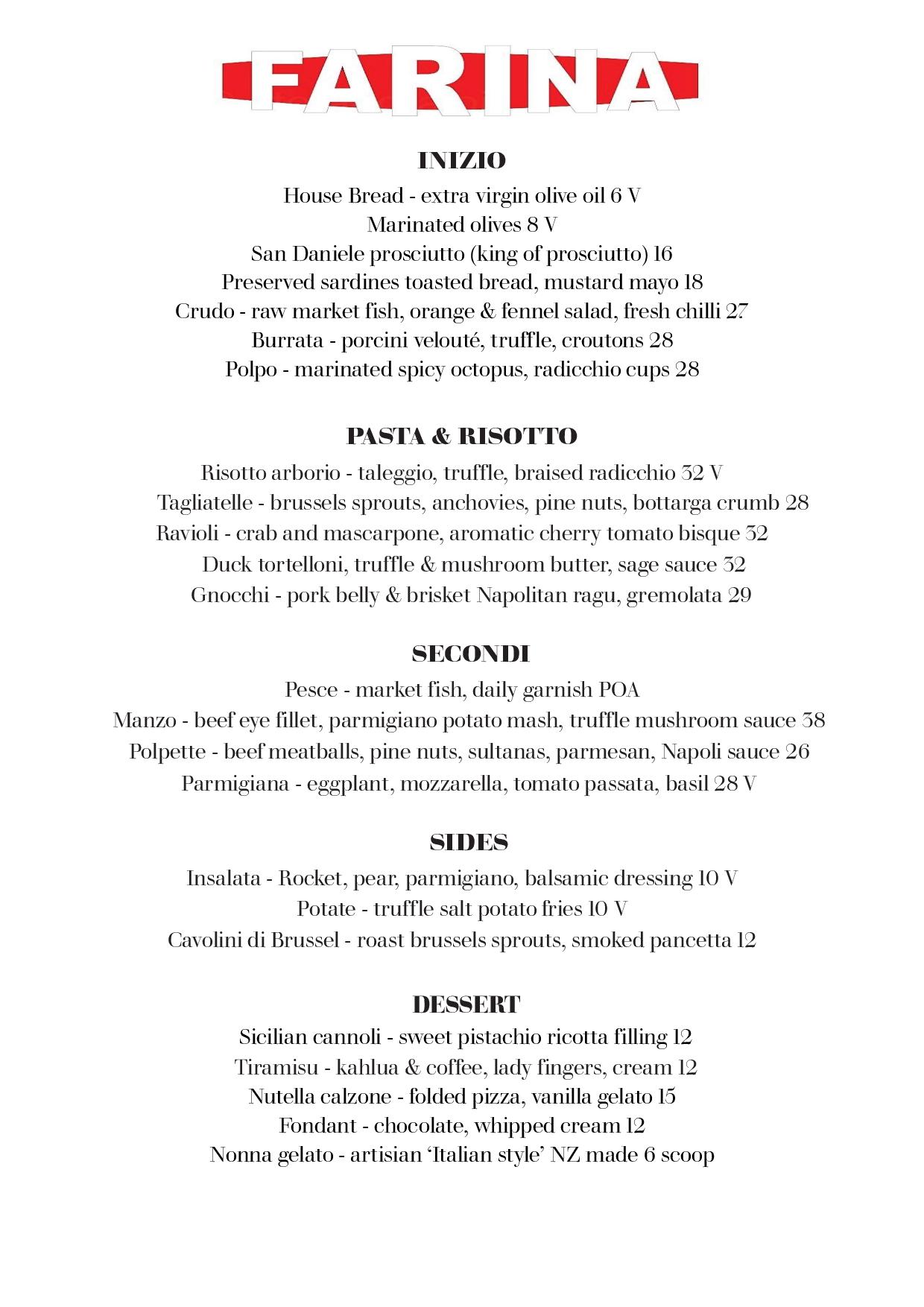 Dine in Menu | Farina Restaurant | Italian Cuisine Ponsonby Auckland