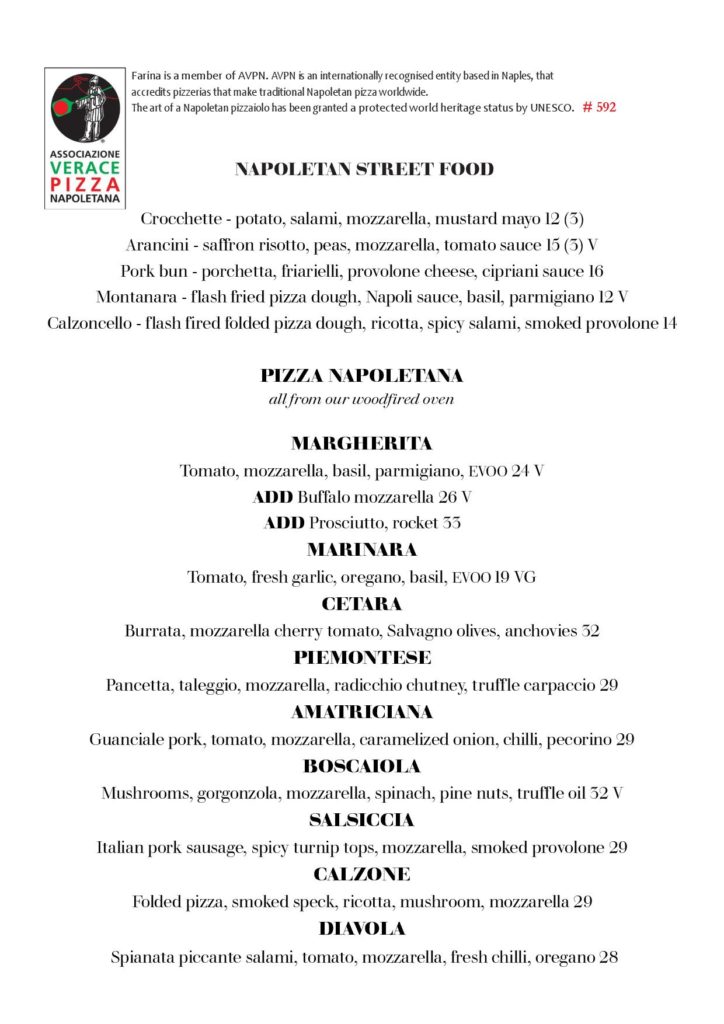 Dine in Menu | Farina Restaurant | Italian Cuisine Ponsonby Auckland