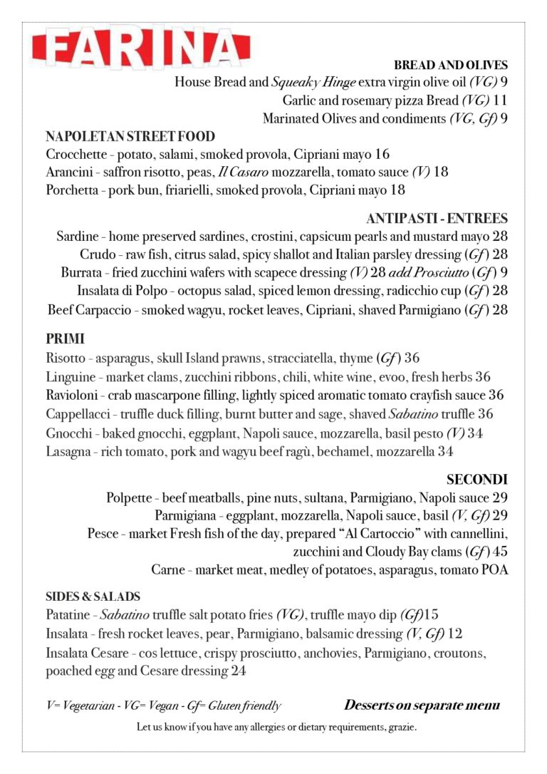 Dine in Menus | Farina Restaurant | Italian Cuisine Ponsonby Auckland